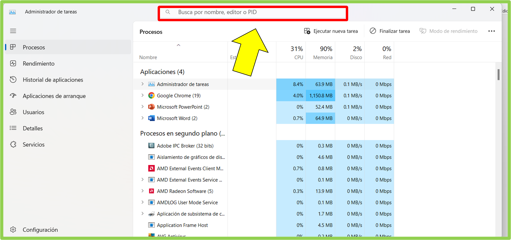 Barra de búsqueda del administrador de tareas en Windows 11