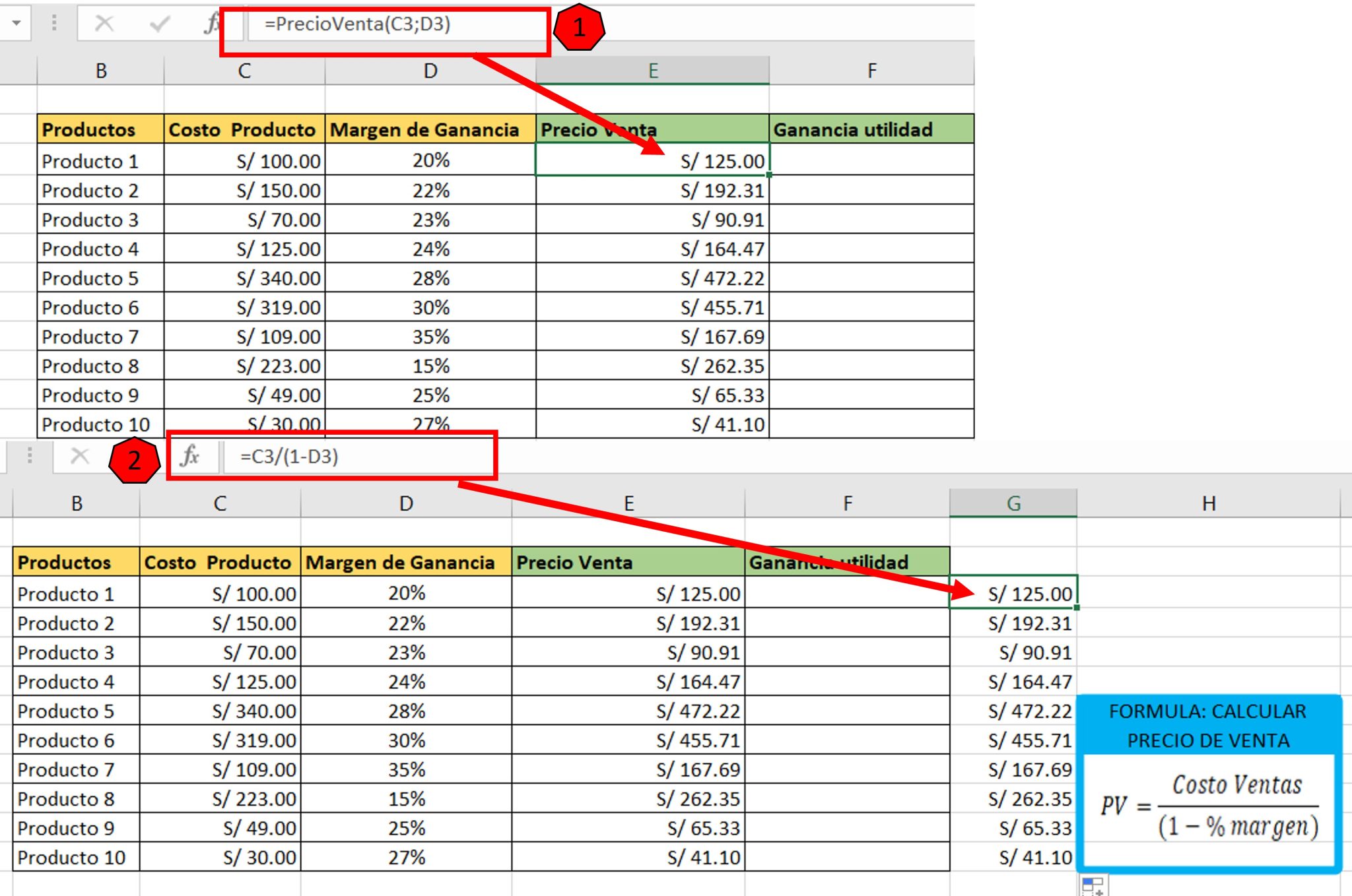 Como calcular en Excel el PRECIO DE VENTA