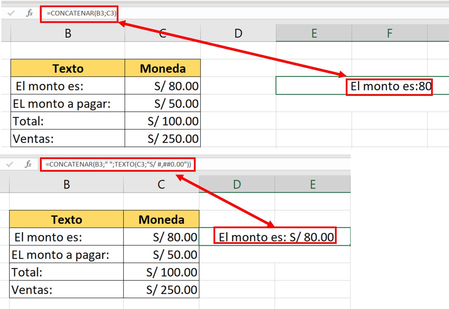 Como concatenar textos y monedas con formato personalizado en Excel