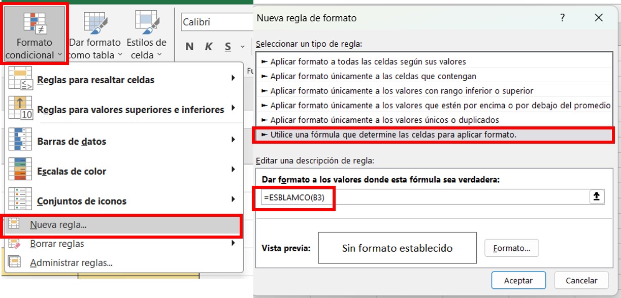 Resaltar con formato condicional ignorando celdas vacías en Excel