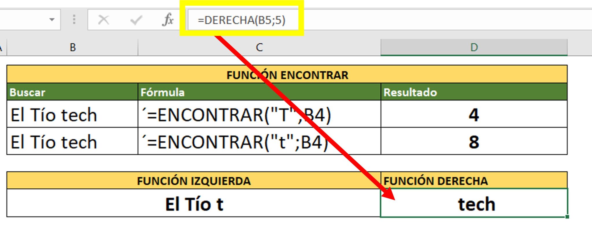 Función encontrar, izquierda y derecha En Excel