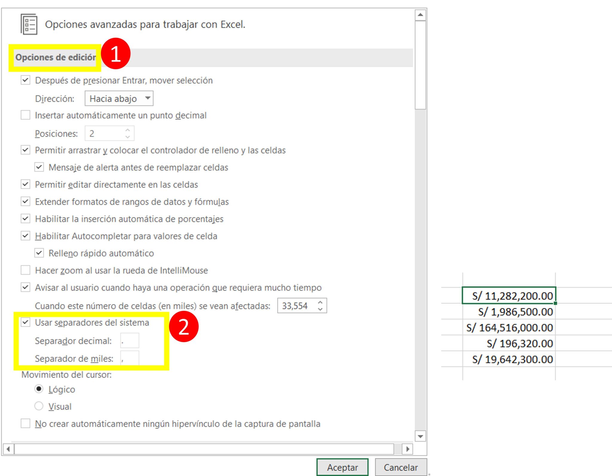 Como configurar separador de decimales y de miles en Excel