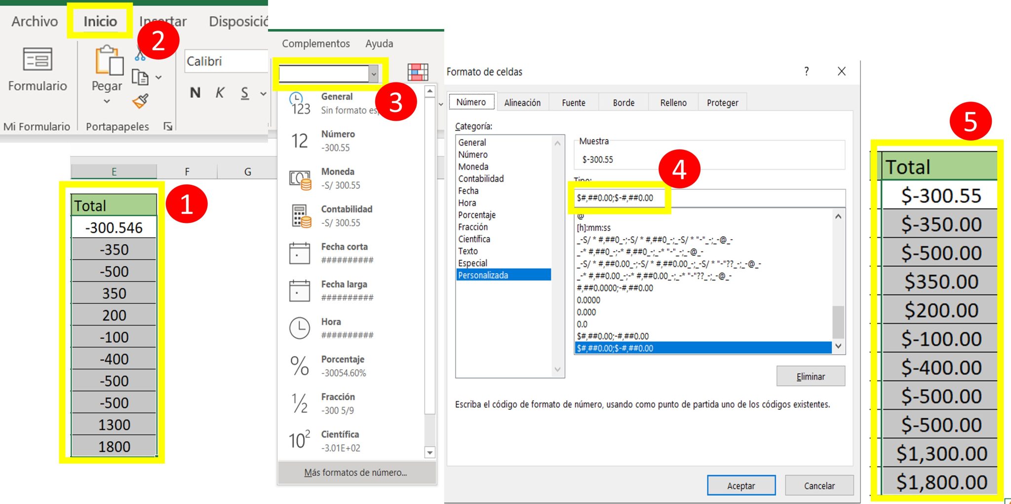 Formato personalizado para números negativos y positivos en Excel