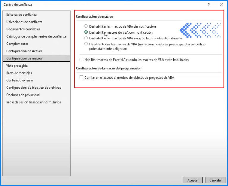 Configuración de seguridad de Macros en Excel