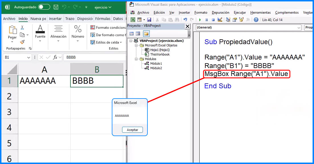 Ejercicios con la Propiedad Value y Value2 de VBA