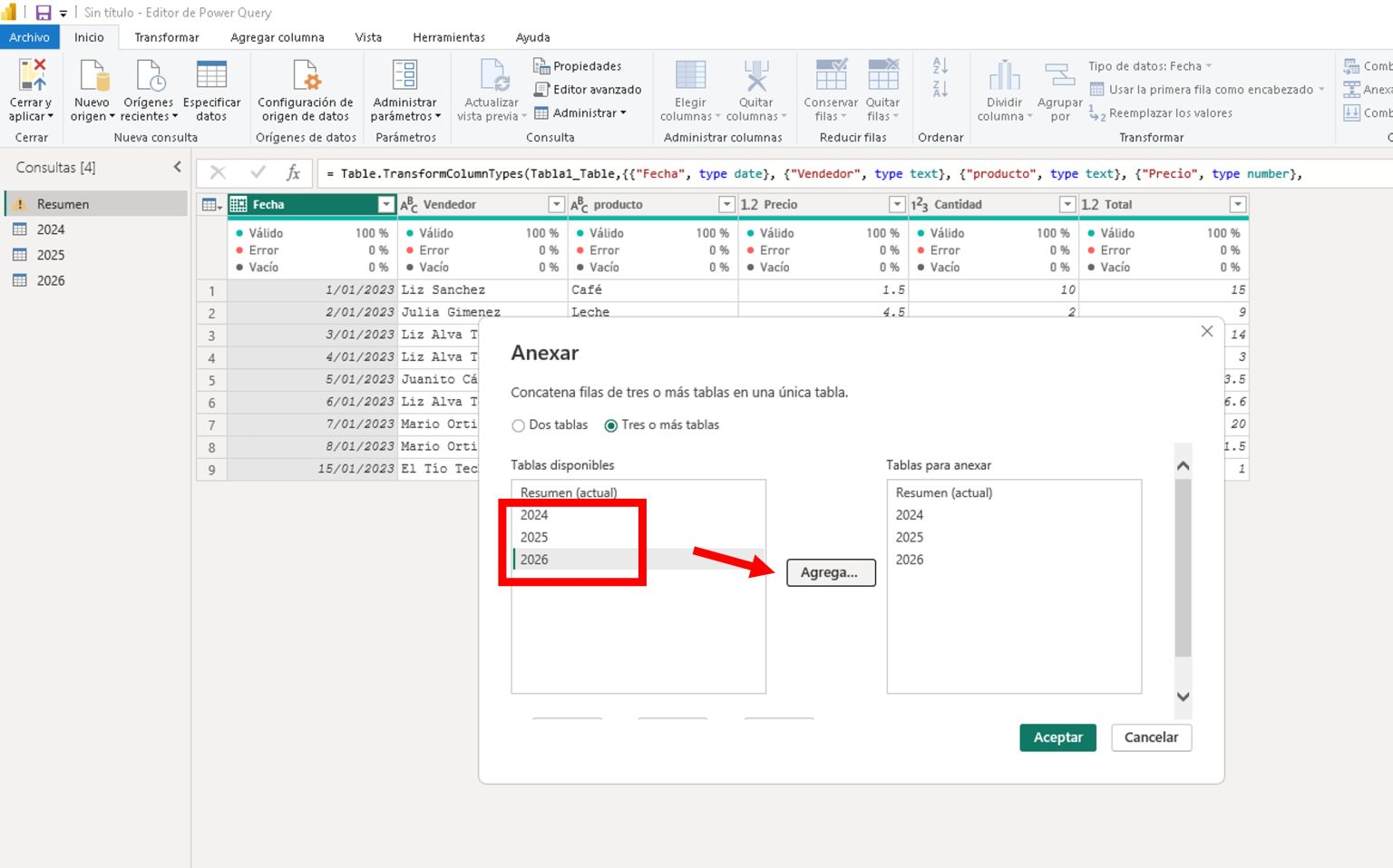 Anexar Consultas en Power Query (Unir varias Tablas)