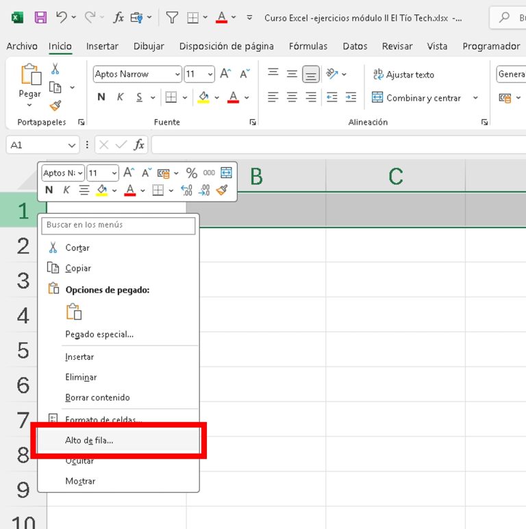 Combinar y Centrar celdas en Excel: ancho de columnas y alto de filas