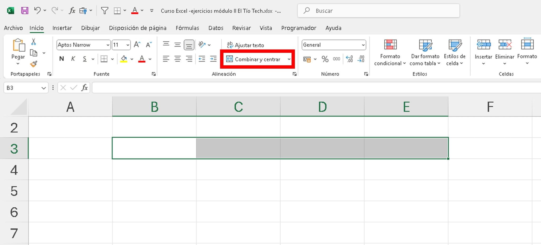 Combinar y Centrar celdas en Excel: ancho de columnas y alto de filas