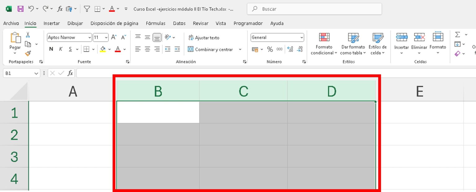 Combinar y Centrar celdas en Excel: ancho de columnas y alto de filas