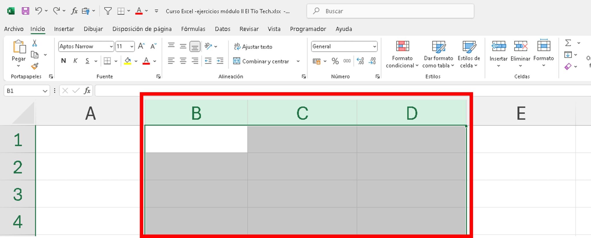 Combinar y Centrar celdas en Excel: ancho de columnas y alto de filas