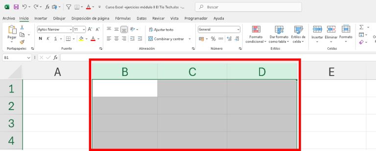 Combinar y Centrar celdas en Excel: ancho de columnas y alto de filas
